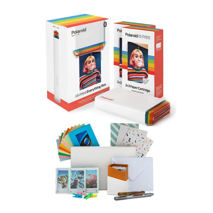 Polaroid Originals Hi-Print Bluetooth Photo Printer Bundle with Cartridge (2-Pack) and Film Kit with Acrylic Frames, Hanging Frames, and Stationery Storage Box (4 Items)