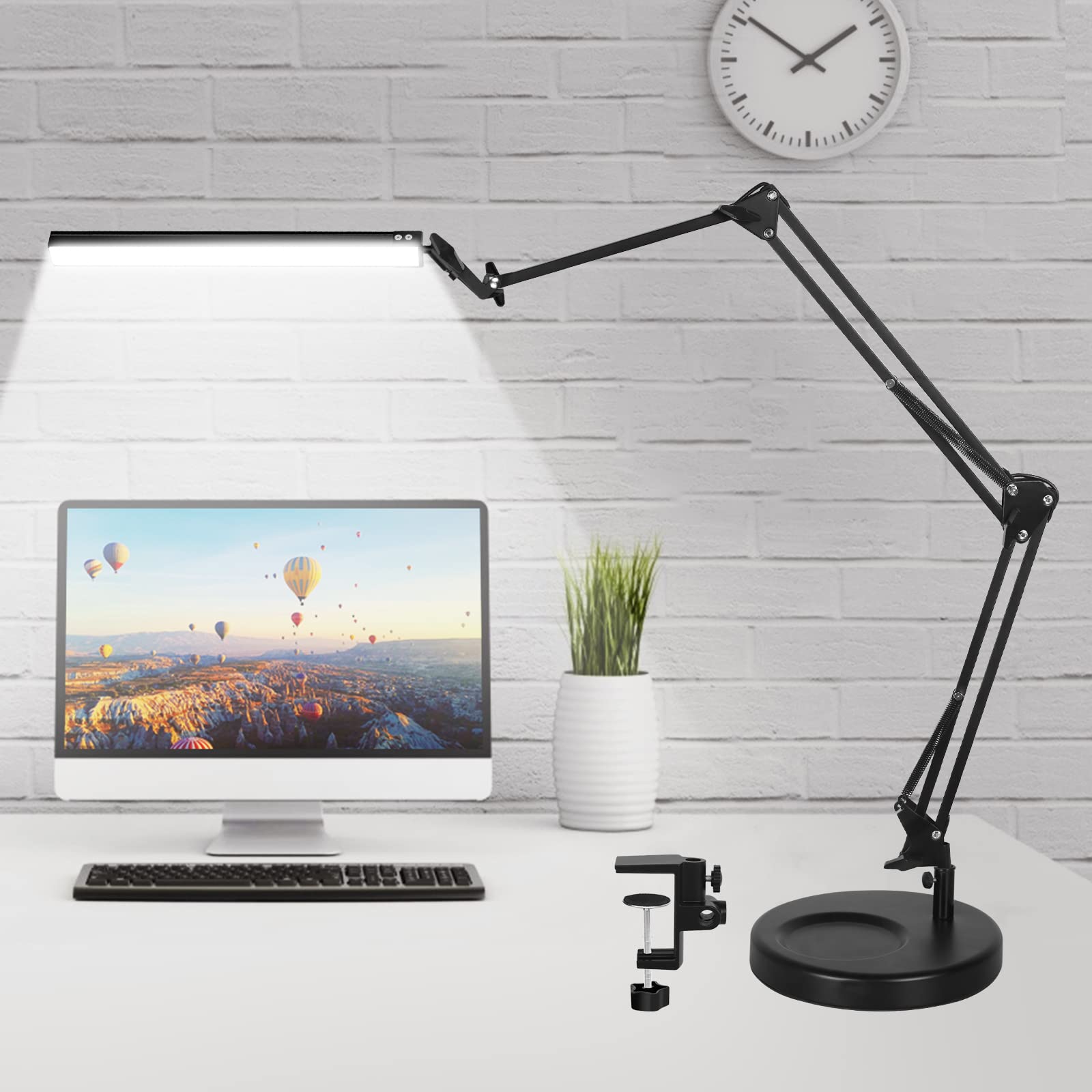 Desk Lamps for Home Office, 2-in-1 LED Desk Lamp, 3-Section Long Arm Desk Light with Clamp and Base, Adjustable Table Lamp with 3 Colors Modes, 10 Dimmer Levels and Memory Function