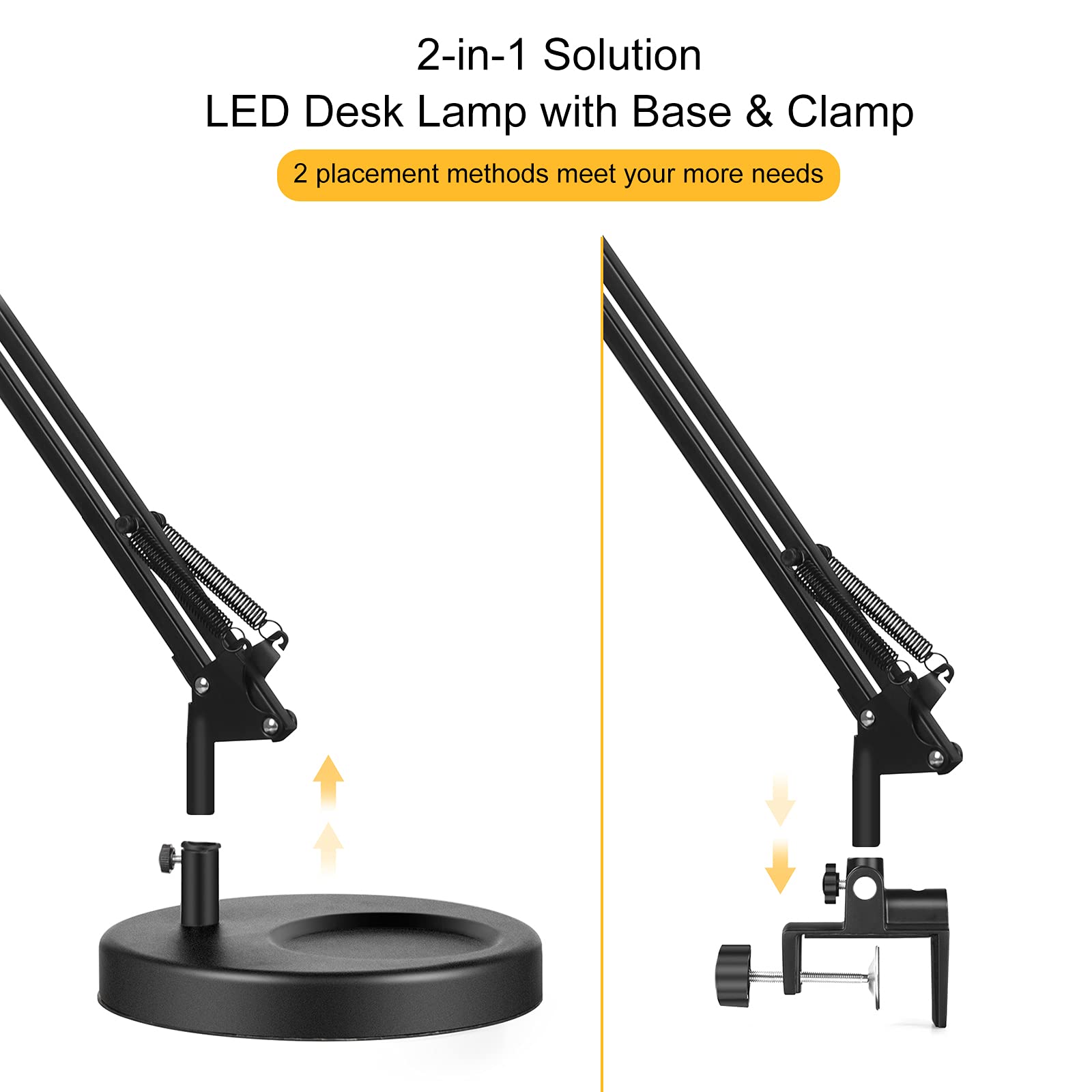 Desk Lamps for Home Office, 2-in-1 LED Desk Lamp, 3-Section Long Arm Desk Light with Clamp and Base, Adjustable Table Lamp with 3 Colors Modes, 10 Dimmer Levels and Memory Function