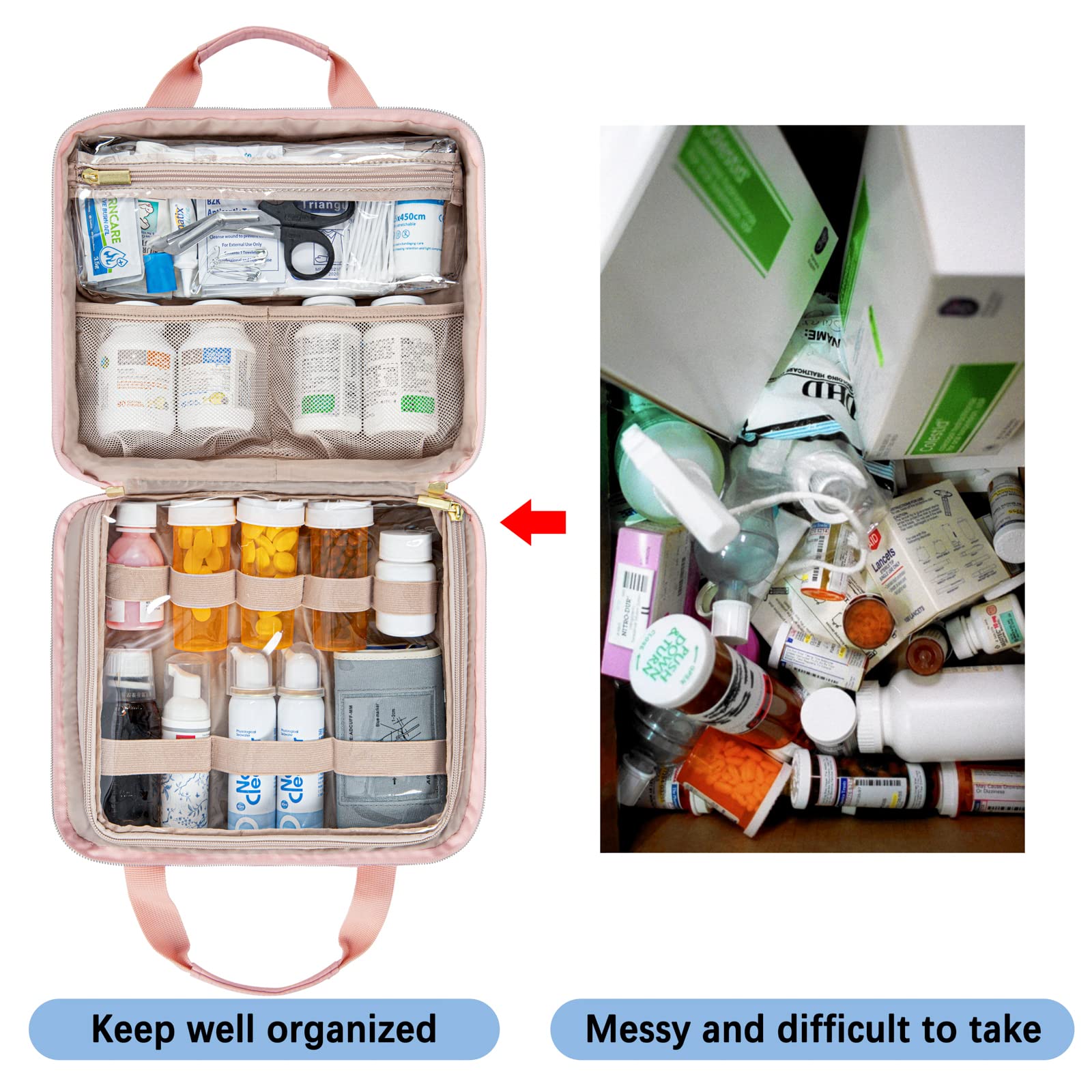 Leudes Travel Pill Bottle Organizer,Medicine Organizer and Storage,Home Medication Bag, Cases,Carrier for Pills,Vitamin,Fish Oil,Supplements for Women and Men (Large, Pink)