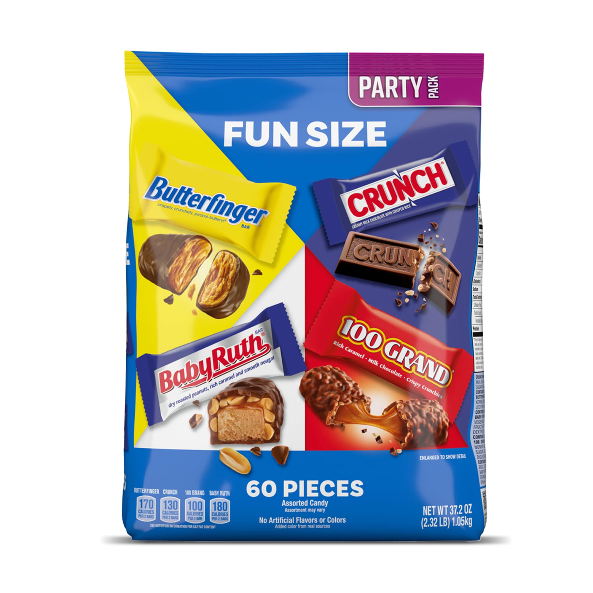 Butterfinger, CRUNCH, Baby Ruth and 100 Grand, Bulk 60 Pack, Assorted Fun Size Chocolate Candy Bars, 37.2 oz