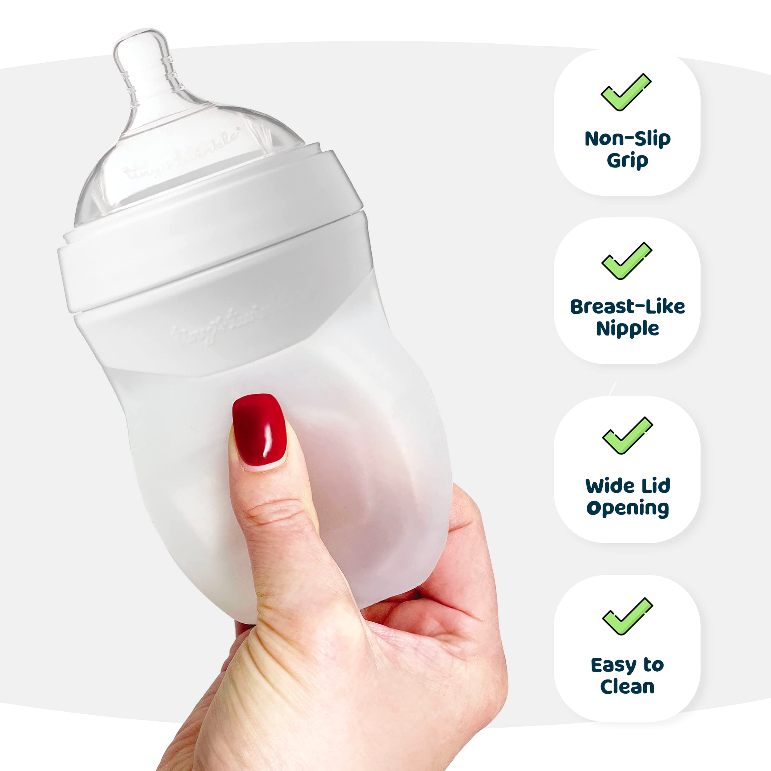 Tiny Twinkle Silicone Baby Bottle with Comfort Grip and Soft Flexible Nipple - Squeezably Soft Baby Bottles for Newborn and Up (White, 8 Ounce)