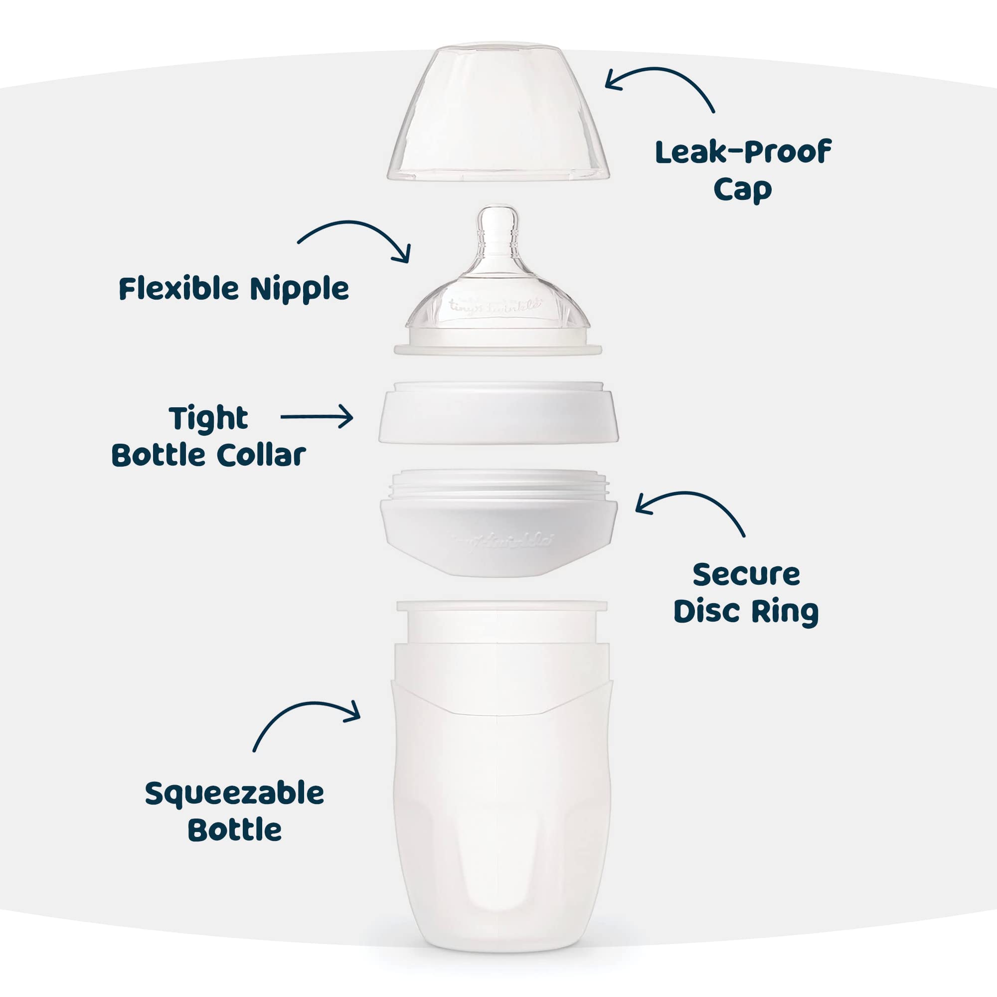 Tiny Twinkle Silicone Baby Bottle with Comfort Grip and Soft Flexible Nipple - Squeezably Soft Baby Bottles for Newborn and Up (White, 8 Ounce)