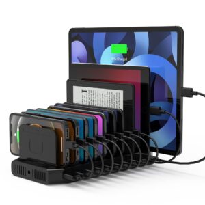 usb pd charging station, unitek 120w 10-port type-c charging station with 2 power delivery for multiple devices, double fast charging for macbook pro/air, ipad pro, pixel, iphone, galaxy and more