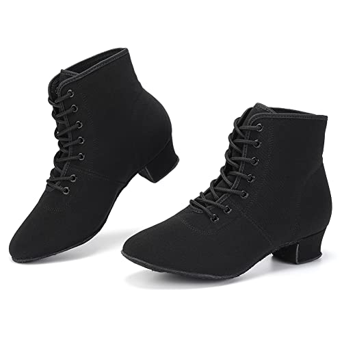 DKZSYIM Women's Latin Dance Boots Close Toe Ballroom Tango Performance Teaching Dancing Shoes,Black-3.5,US 6.5