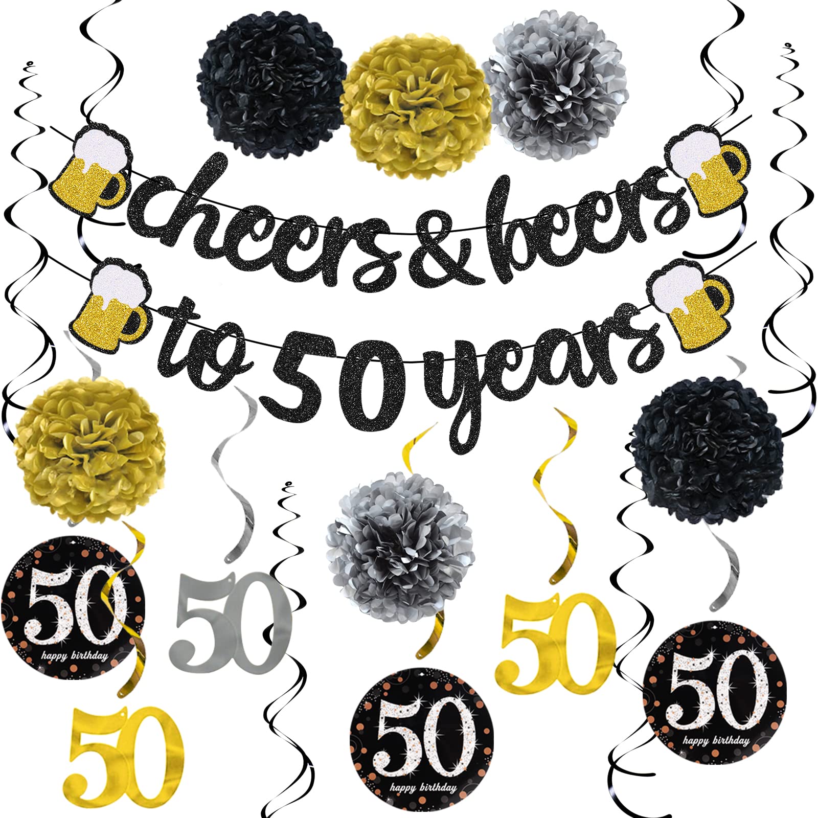 50th Birthday Decorations Kit for Men Women, Cheers to 50 Years Banner with Pom Poms Flowers, 50th Sparkling Hanging Swirl Decorations for 50th Birthday Wedding Party Supplies Decorations