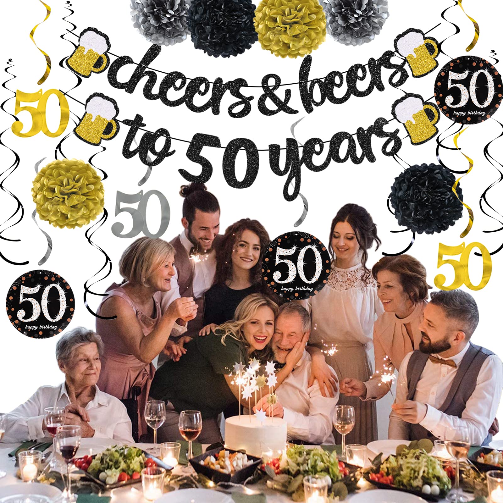 50th Birthday Decorations Kit for Men Women, Cheers to 50 Years Banner with Pom Poms Flowers, 50th Sparkling Hanging Swirl Decorations for 50th Birthday Wedding Party Supplies Decorations