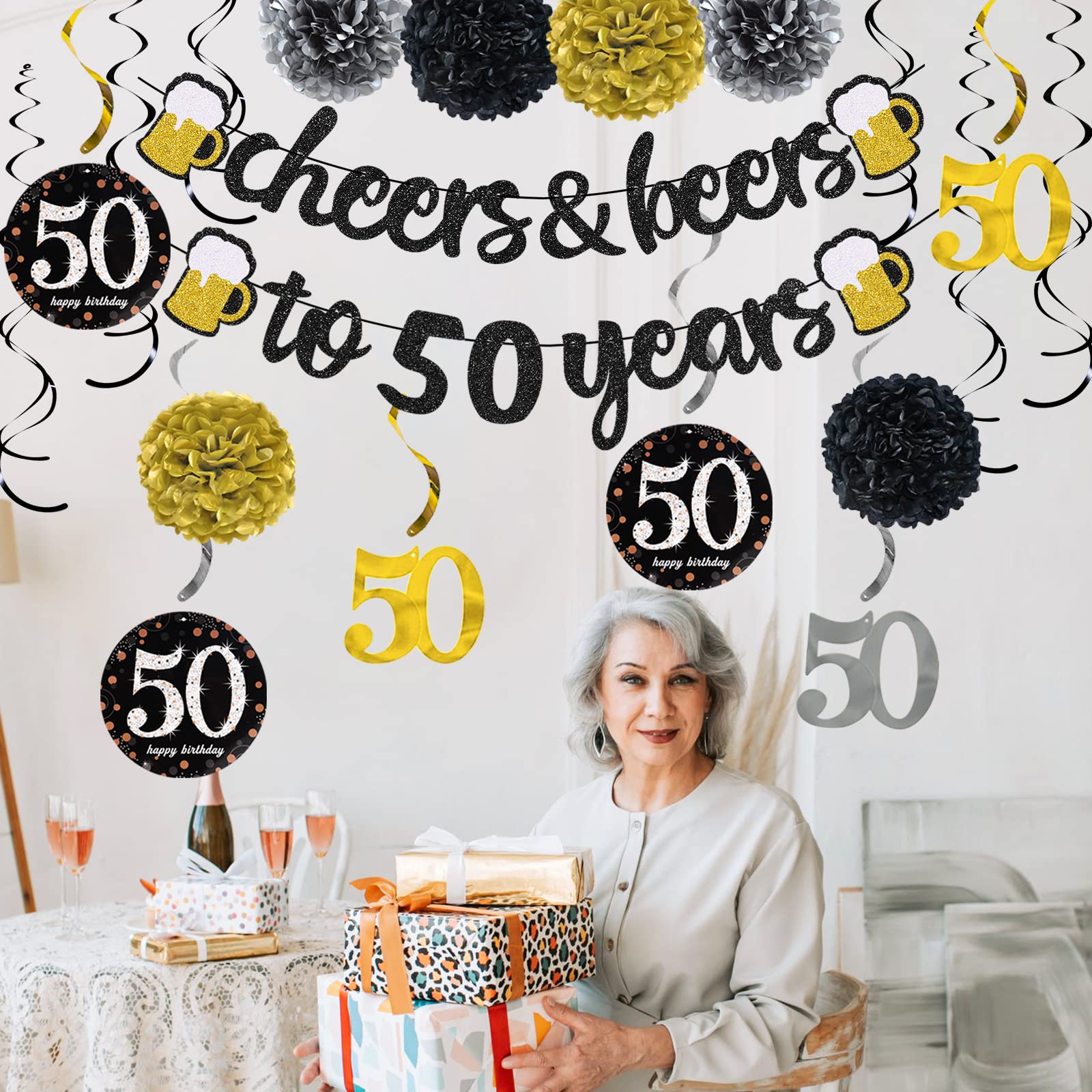 50th Birthday Decorations Kit for Men Women, Cheers to 50 Years Banner with Pom Poms Flowers, 50th Sparkling Hanging Swirl Decorations for 50th Birthday Wedding Party Supplies Decorations