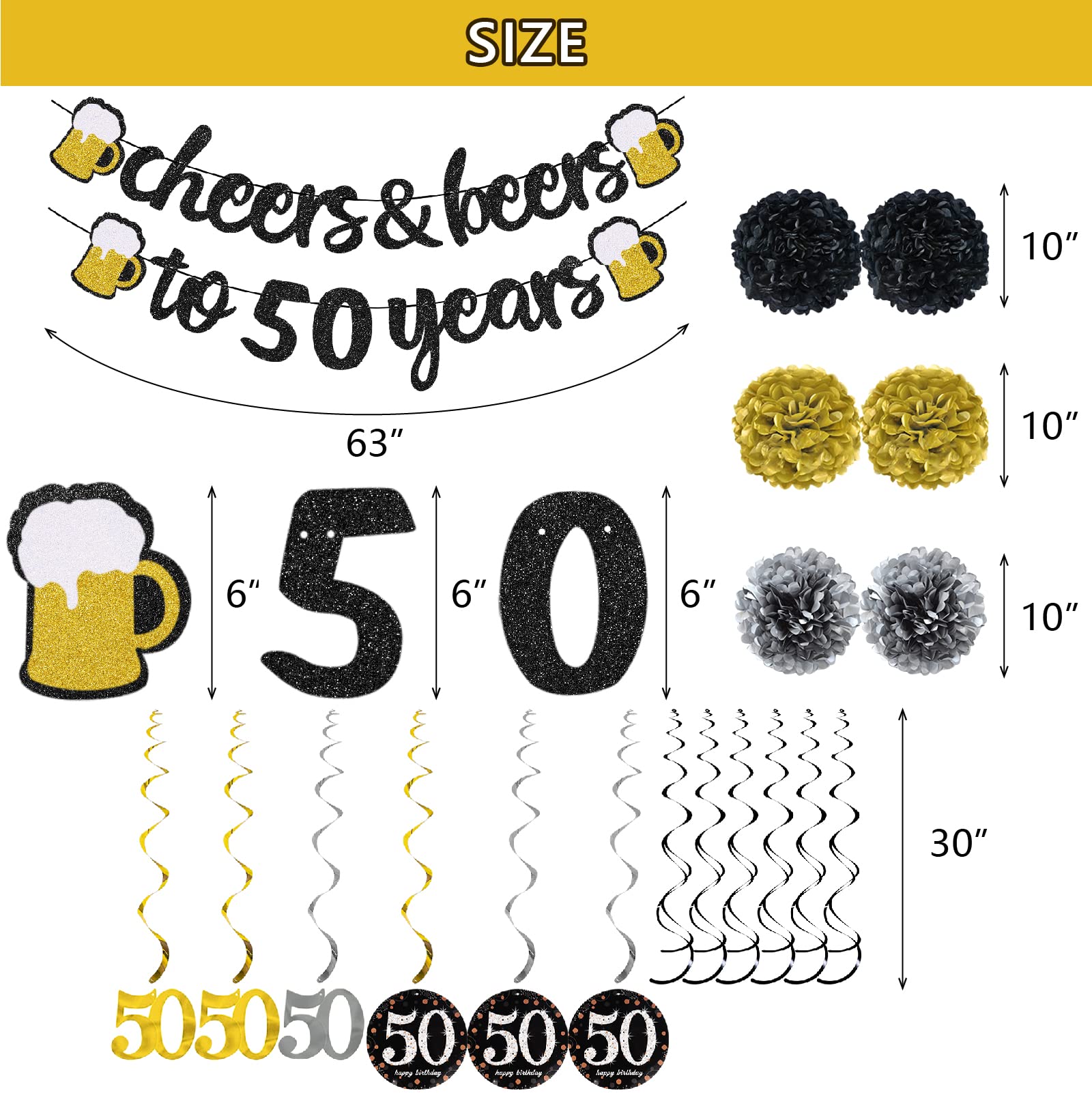 50th Birthday Decorations Kit for Men Women, Cheers to 50 Years Banner with Pom Poms Flowers, 50th Sparkling Hanging Swirl Decorations for 50th Birthday Wedding Party Supplies Decorations