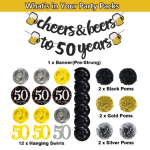 50th Birthday Decorations Kit for Men Women, Cheers to 50 Years Banner with Pom Poms Flowers, 50th Sparkling Hanging Swirl Decorations for 50th Birthday Wedding Party Supplies Decorations