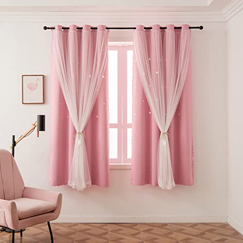 LUGOTAL Girls Curtains for Living Room Bedroom Curtains Double Layer Blackout Curtains 63 Inch Length Star Cut Out Pink Curtain Window Drapes for Nursery 1 Panel (W52 X L63 Inches，Pink)