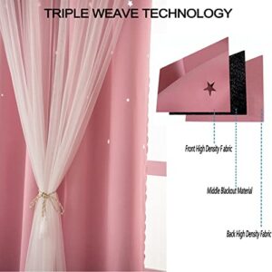 LUGOTAL Girls Curtains for Living Room Bedroom Curtains Double Layer Blackout Curtains 63 Inch Length Star Cut Out Pink Curtain Window Drapes for Nursery 1 Panel (W52 X L63 Inches，Pink)