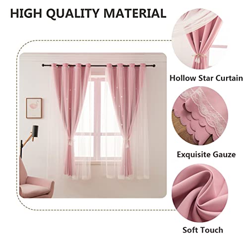 LUGOTAL Girls Curtains for Living Room Bedroom Curtains Double Layer Blackout Curtains 63 Inch Length Star Cut Out Pink Curtain Window Drapes for Nursery 1 Panel (W52 X L63 Inches，Pink)