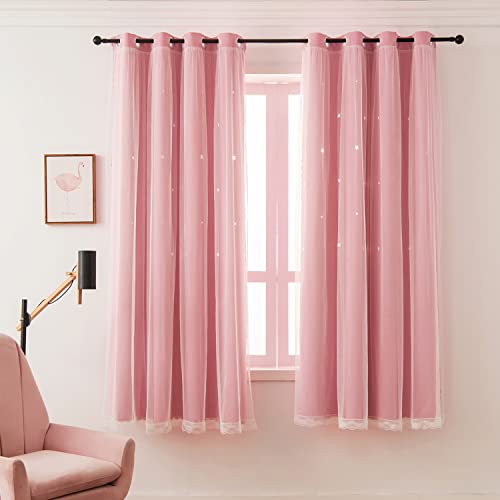 LUGOTAL Girls Curtains for Living Room Bedroom Curtains Double Layer Blackout Curtains 63 Inch Length Star Cut Out Pink Curtain Window Drapes for Nursery 1 Panel (W52 X L63 Inches，Pink)