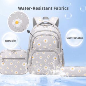 Armbq 3Pcs Daisy Printed Kids Backpack Girls School Bookbag Set Elementary Students Daypack with Lunch Bag