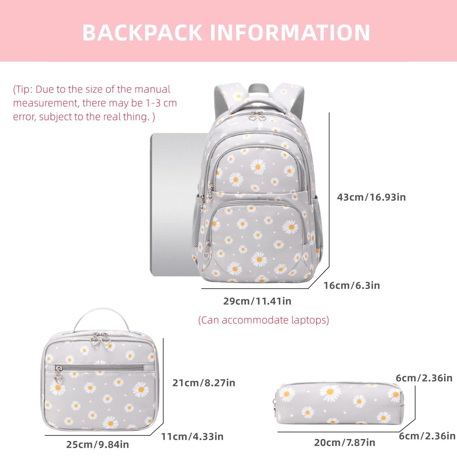 Armbq 3Pcs Daisy Printed Kids Backpack Girls School Bookbag Set Elementary Students Daypack with Lunch Bag