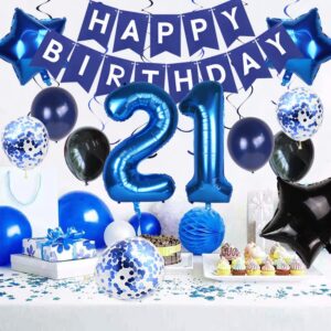 YUNXUAN 21st Birthday Decorations, 21st Birthday Decorations for Him, Happy Birthday Banner Blue Number 21 Foil Balloon for 21st Anniversary Decorations Birthday Party Backdrop