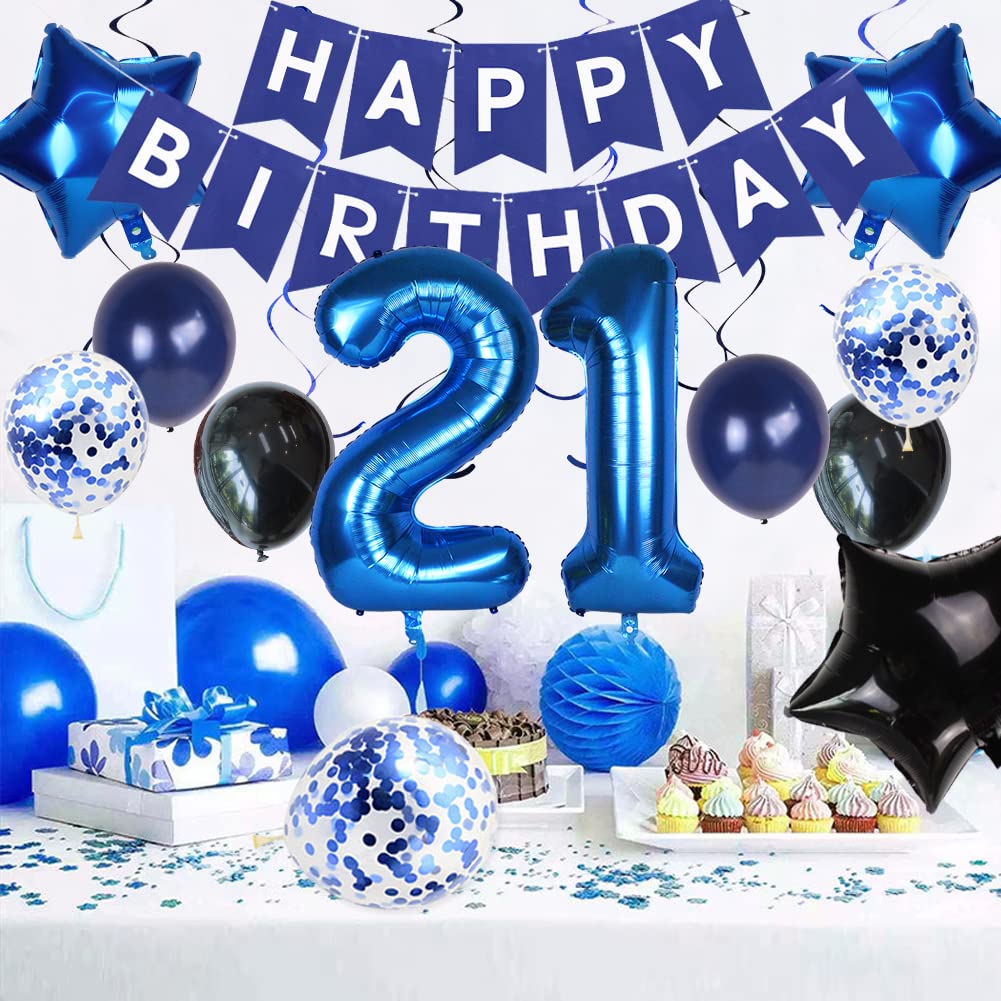 YUNXUAN 21st Birthday Decorations, 21st Birthday Decorations for Him, Happy Birthday Banner Blue Number 21 Foil Balloon for 21st Anniversary Decorations Birthday Party Backdrop