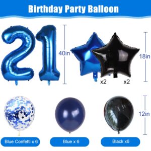 YUNXUAN 21st Birthday Decorations, 21st Birthday Decorations for Him, Happy Birthday Banner Blue Number 21 Foil Balloon for 21st Anniversary Decorations Birthday Party Backdrop