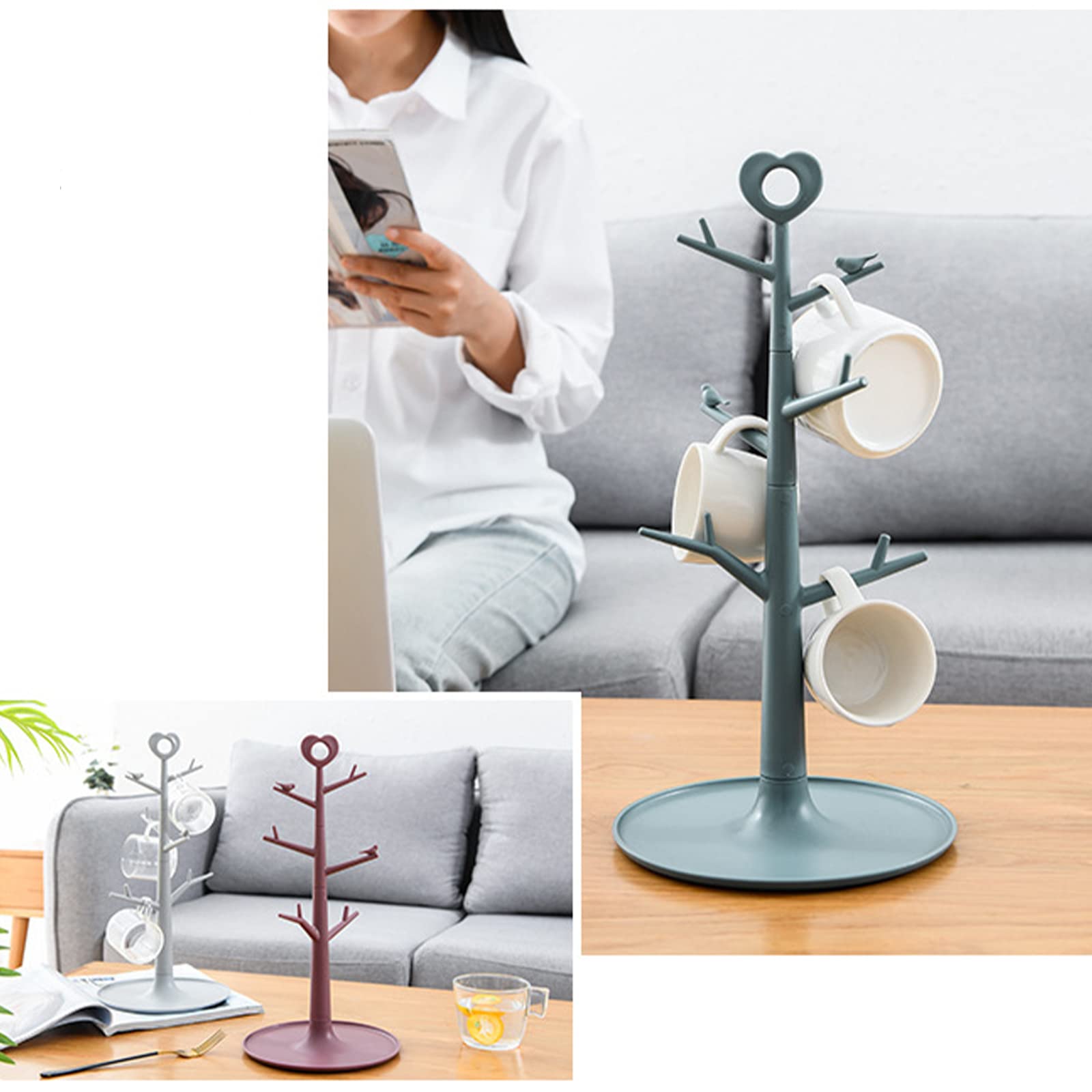 MISNODE Purple Mug Holder Tree, 14 Inch Coffee Cup Mug Rack, Removable Stand Hanging Drain Cup Organizer with 6 Hooks, Plastic Jewelry Rack for Home Kitchen Countertop Storage