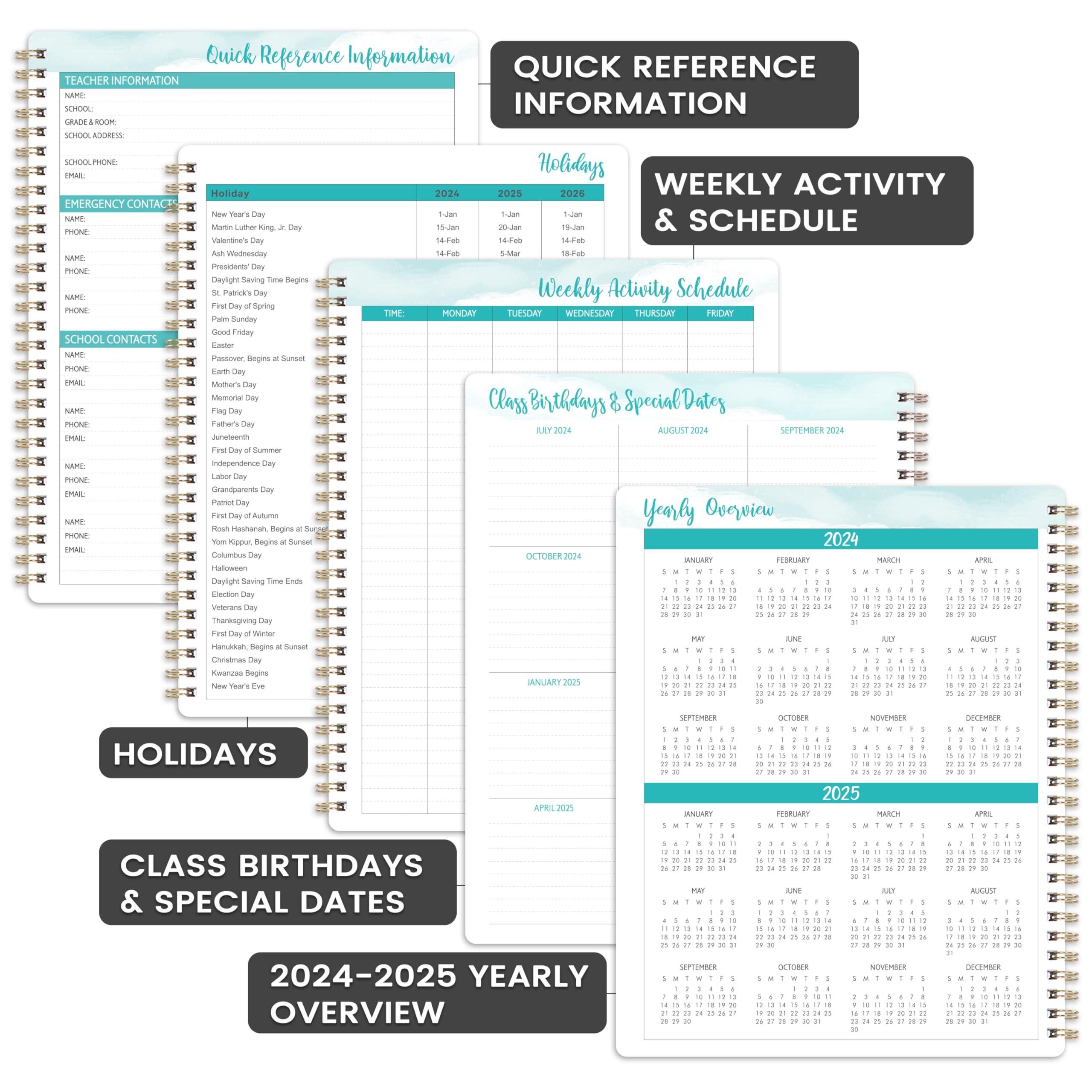 Teacher Planner 2024-2025 - Weekly & Monthly Lesson Plan Book, July 2024 - June 2025, 8" x 10", Academic Planner with Twin-Wire Binding for Teachers - Apple