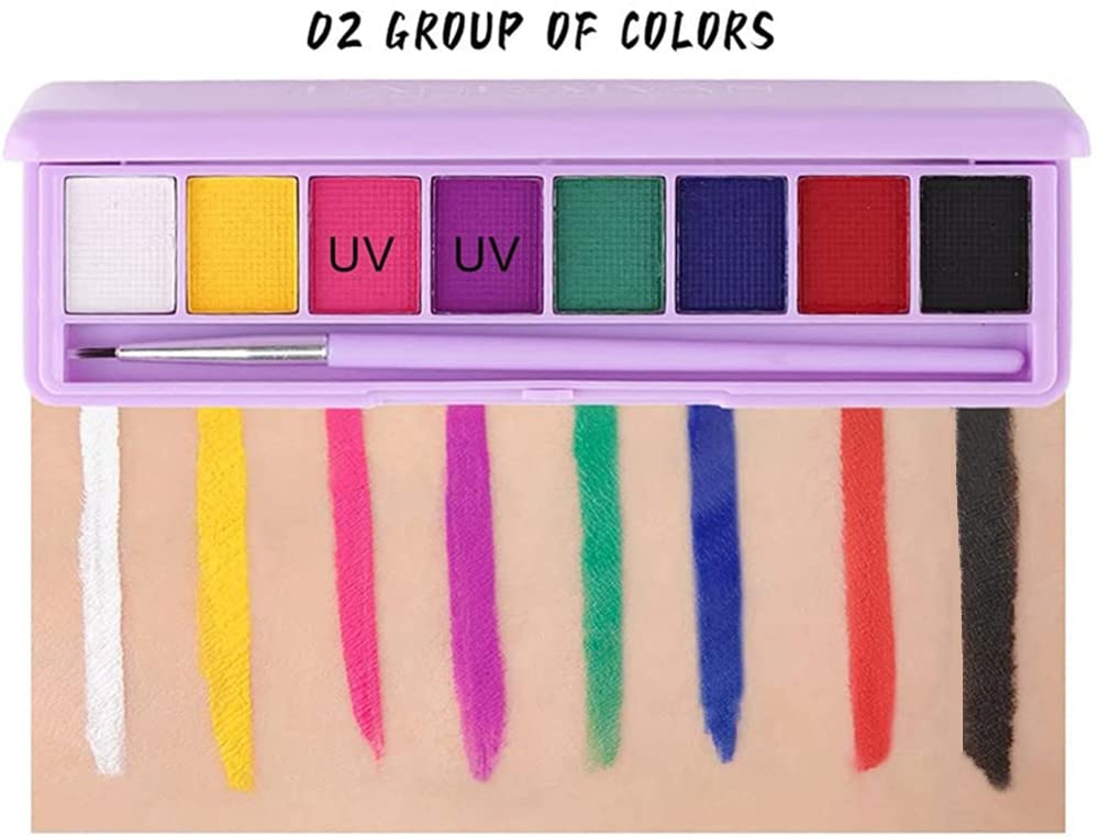 Go Ho 8 Colors Water Activated Eyeliner Palette,High Pigment Bright Vibrant Fluorescent Rainbow Colorful Eye/Face/Body Paint,Matte and UV Paint Graphic Eyeliner with Brushes -02