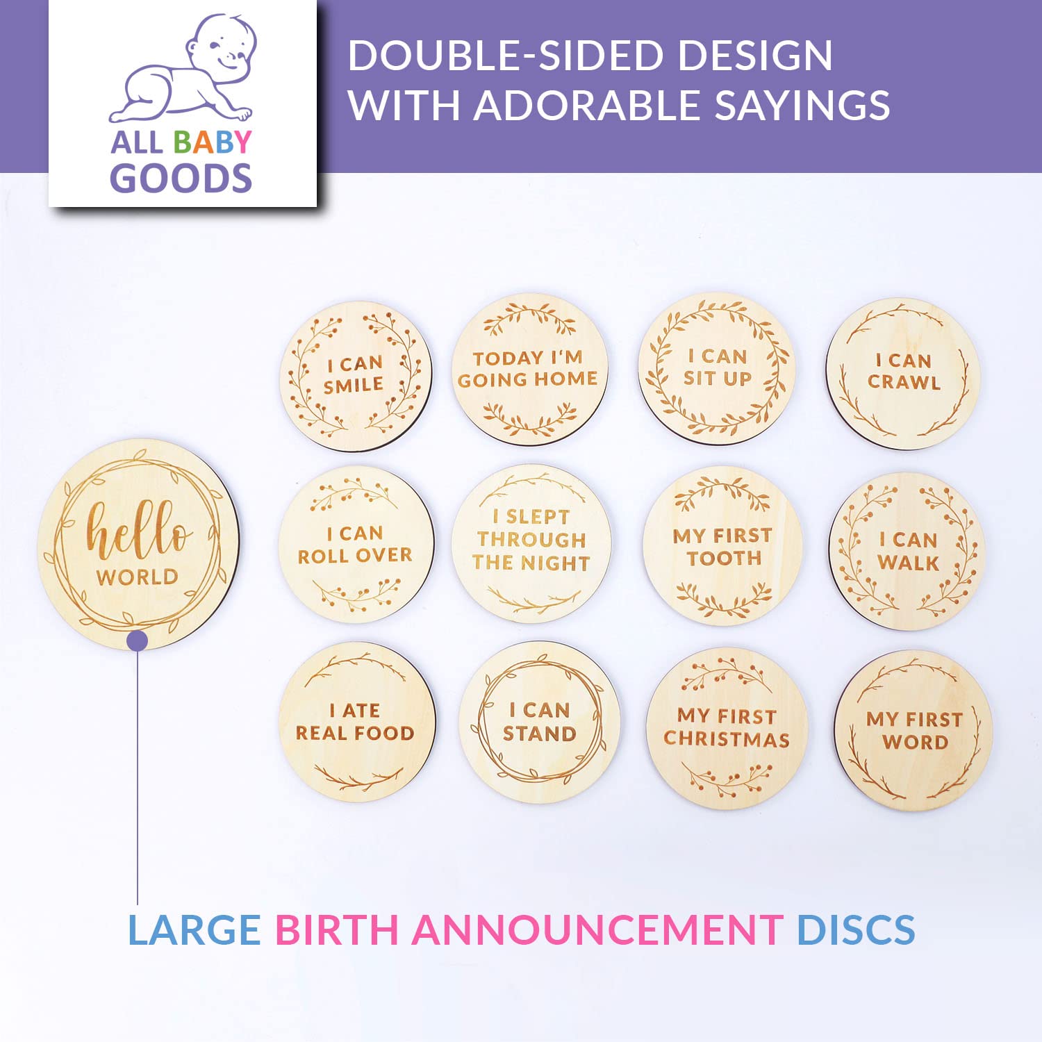 All Baby Goods 13 Wooden Monthly Milestone Cards Double Sided (12 Months Signs) - Cute & Funny Milestones for Boy & Girl - Amazing Photography Props