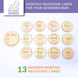 All Baby Goods 13 Wooden Monthly Milestone Cards Double Sided (12 Months Signs) - Cute & Funny Milestones for Boy & Girl - Amazing Photography Props