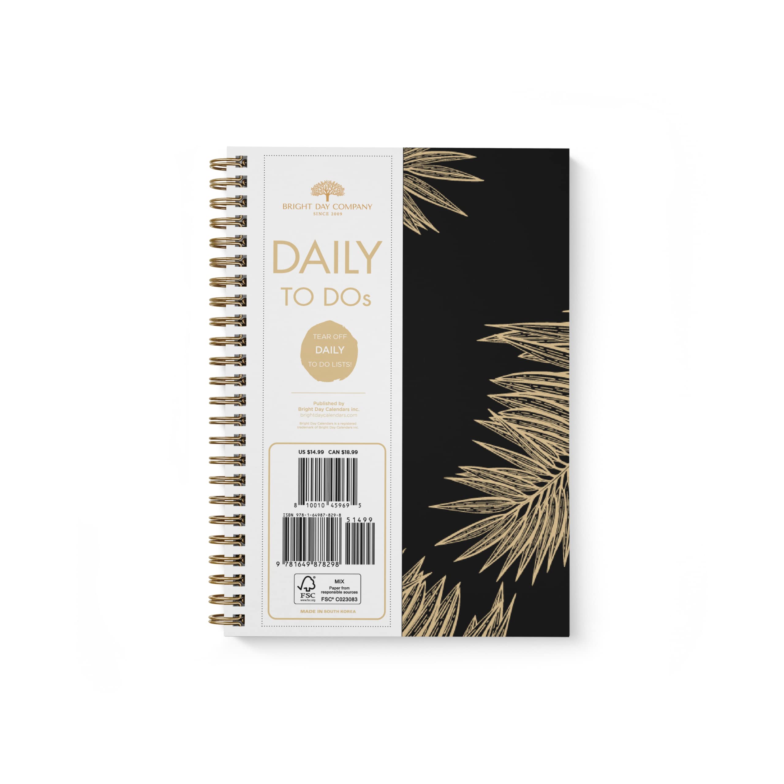 Bright Day Calendars Undated To Do List Daily Task Checklist Planner Time Management Notebook by Bright Day Non Dated Flex Cover Spiral Organizer 8.25 x 6.25 Habit Tracker (Gold Palm Leaves)