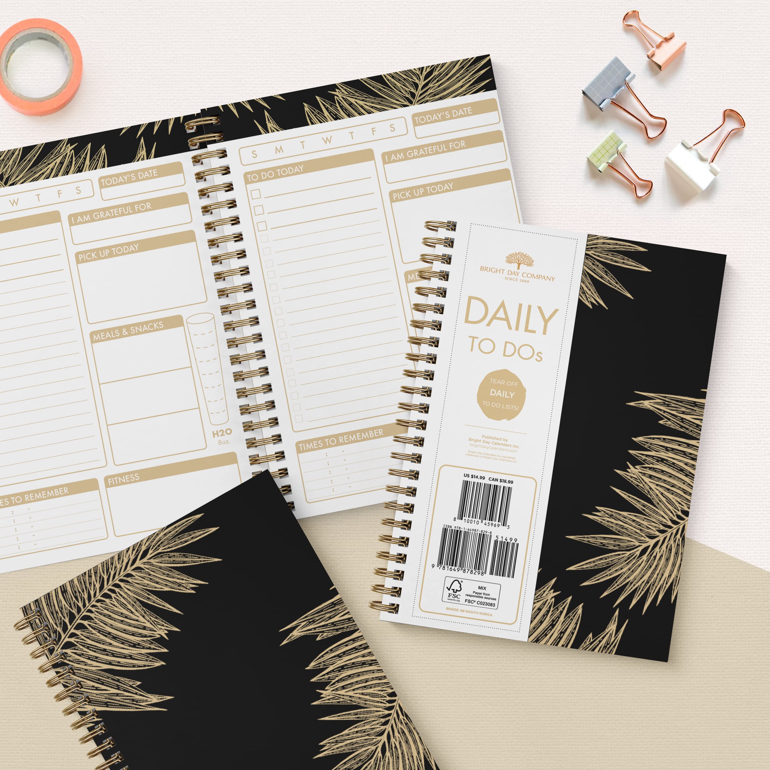 Bright Day Calendars Undated To Do List Daily Task Checklist Planner Time Management Notebook by Bright Day Non Dated Flex Cover Spiral Organizer 8.25 x 6.25 Habit Tracker (Gold Palm Leaves)