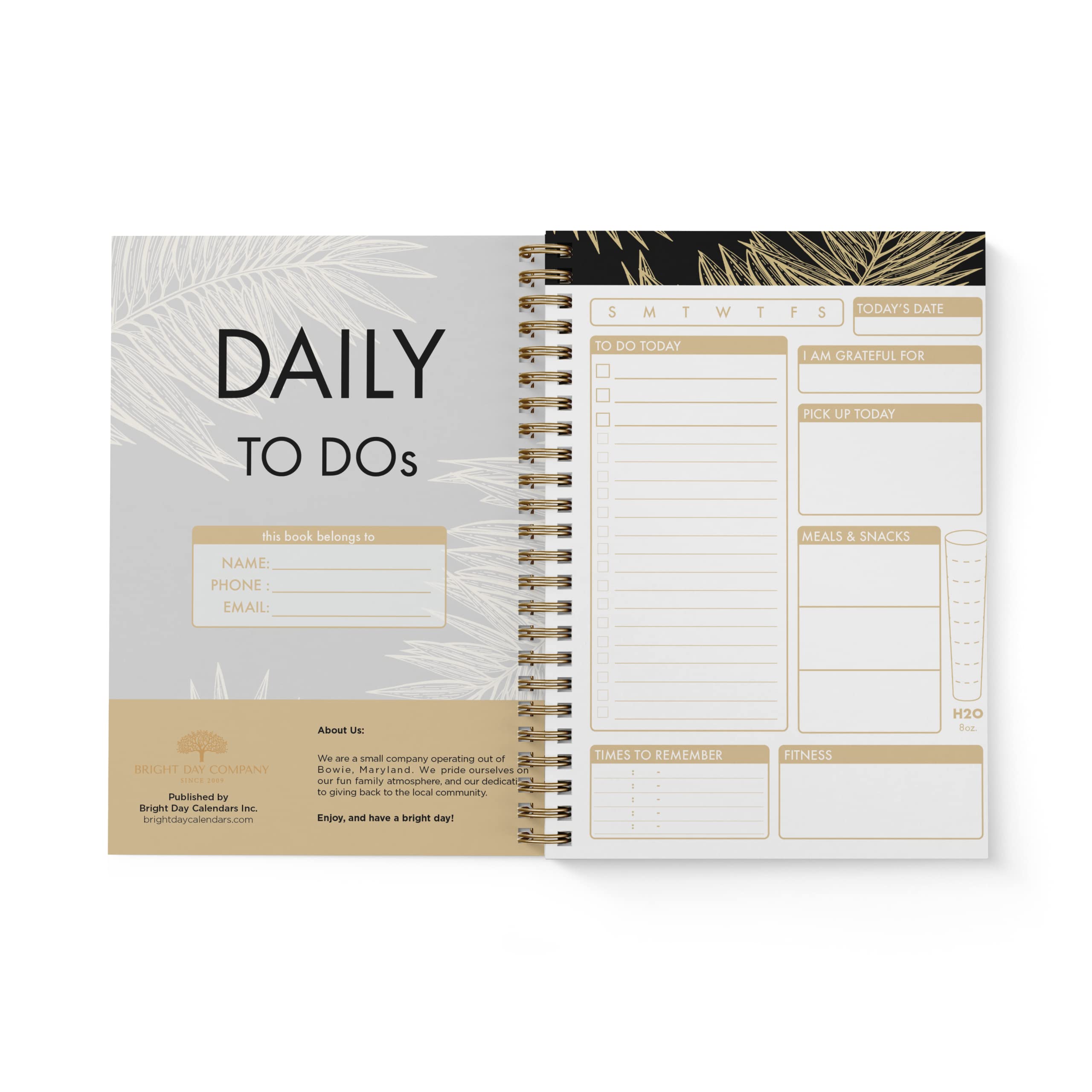 Bright Day Calendars Undated To Do List Daily Task Checklist Planner Time Management Notebook by Bright Day Non Dated Flex Cover Spiral Organizer 8.25 x 6.25 Habit Tracker (Gold Palm Leaves)