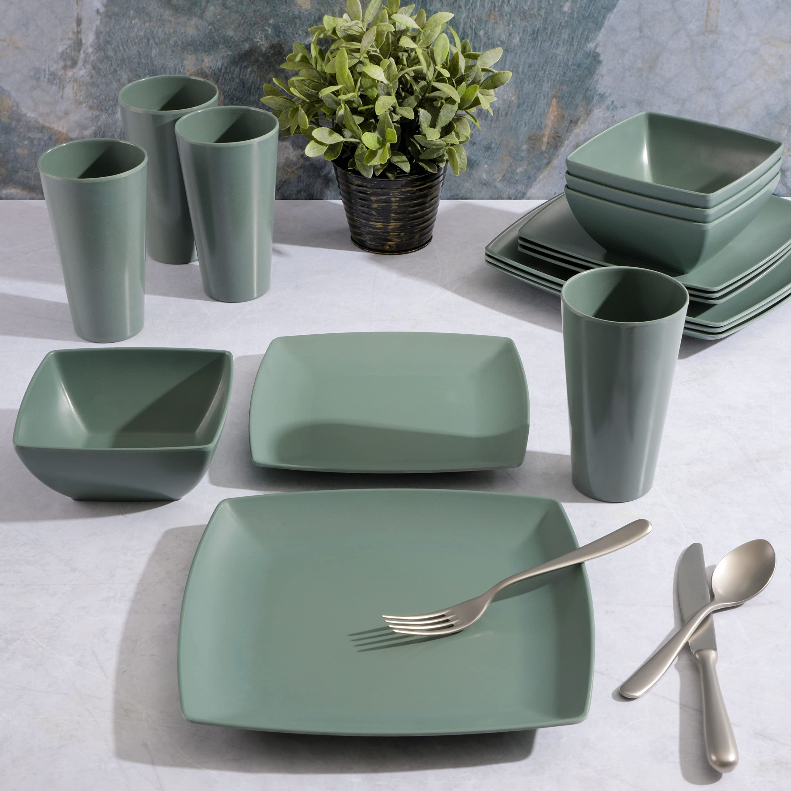 Gibson Home Soho Grayson Square Melamine Plastic Dinnerware Set, Service for Four (16pcs), Green