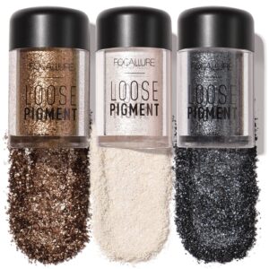 focallure 3 pcs mineral eyeshadow pigment,waterproof loose glitter eyeshadow,long lasting sparkling finish eye shadow with high-pigment formula,easy to create high-impact eye looks,smokey metallics