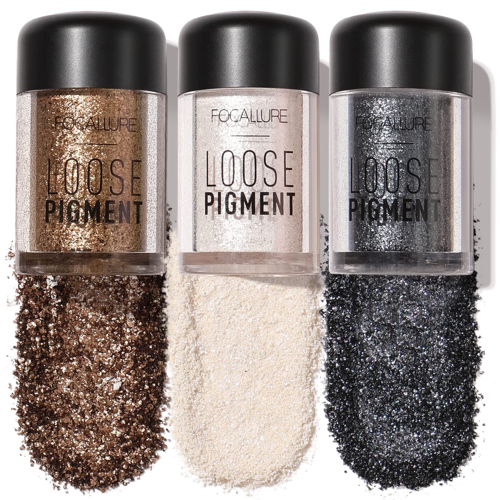 FOCALLURE 3 Pcs Mineral Eyeshadow Pigment,Waterproof Loose Glitter Eyeshadow,Long Lasting Sparkling Finish Eye Shadow with High-pigment Formula,Easy to Create High-impact Eye Looks,Smokey Metallics