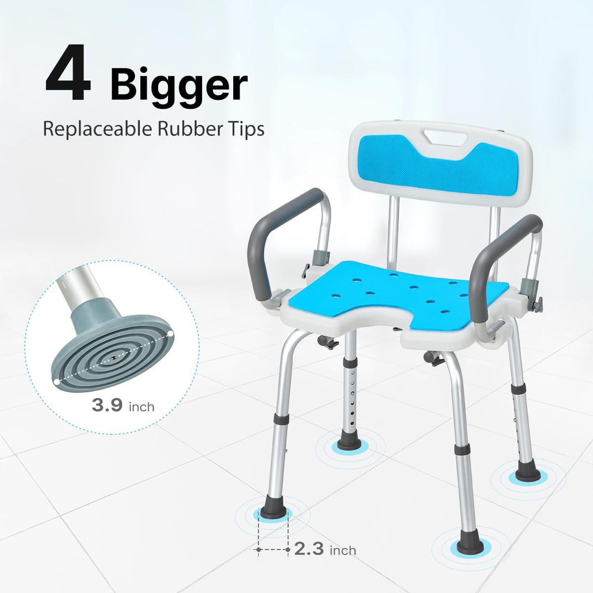 HEAO Shower Chair for Elderly and Disabled, Shower Chair with Detachable Arms and Back, Including 3.9" Non-Slip Rubber Tips, Bathtub Chair for Handicap