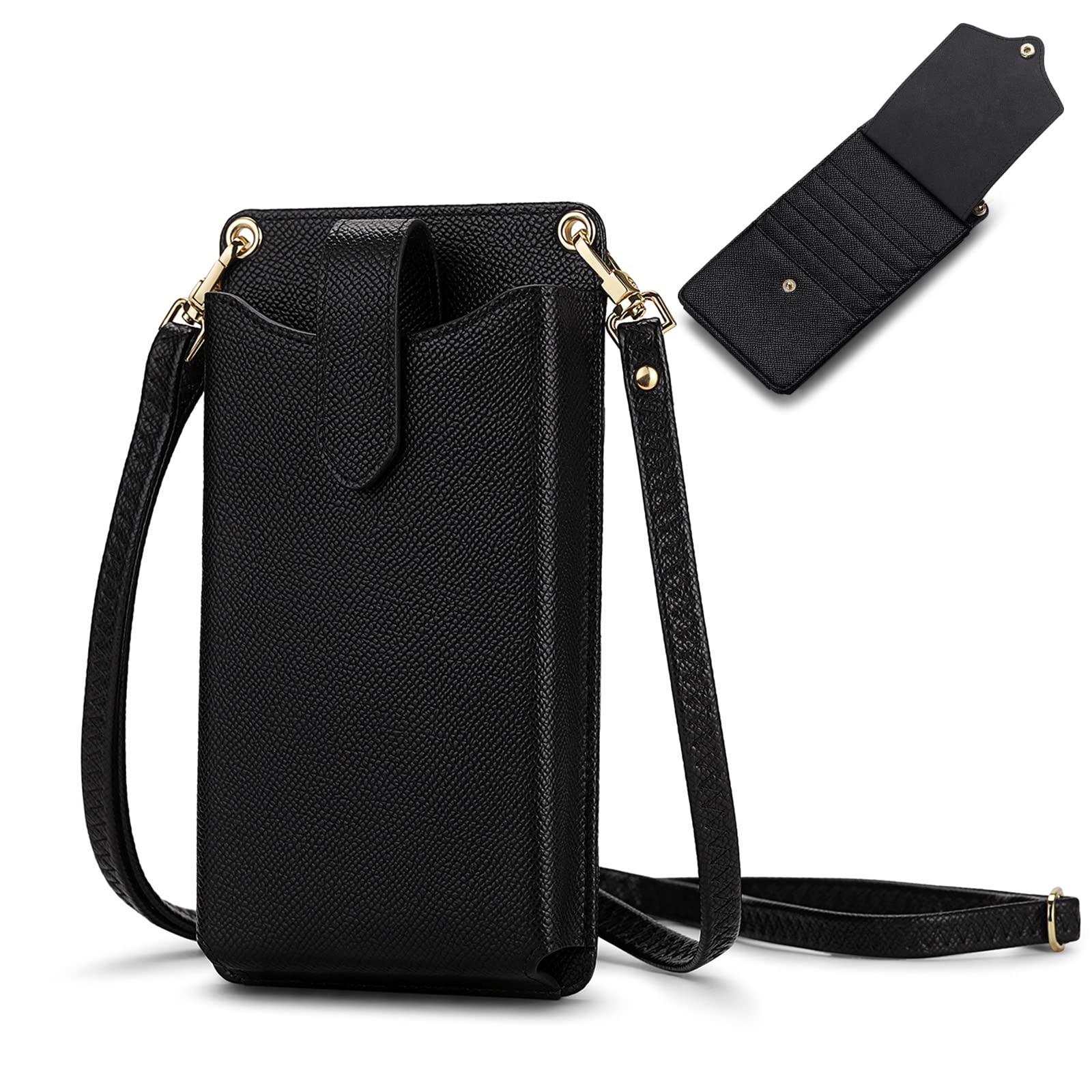 RONSIN Small Crossbody Cell Phone Purse Wallet for Women, Mini Shoulder Bag with RFID Credit Card Slots, 01-Black Litchi