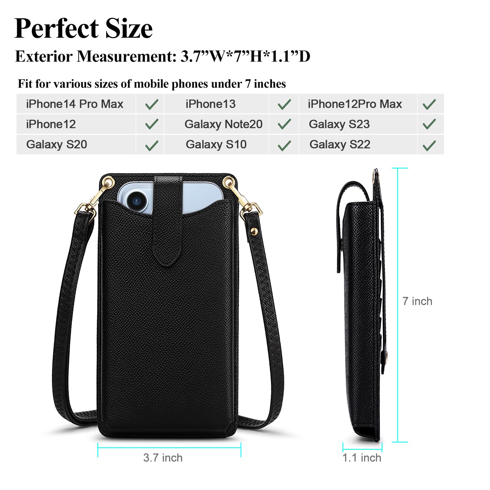 RONSIN Small Crossbody Cell Phone Purse Wallet for Women, Mini Shoulder Bag with RFID Credit Card Slots, 01-Black Litchi