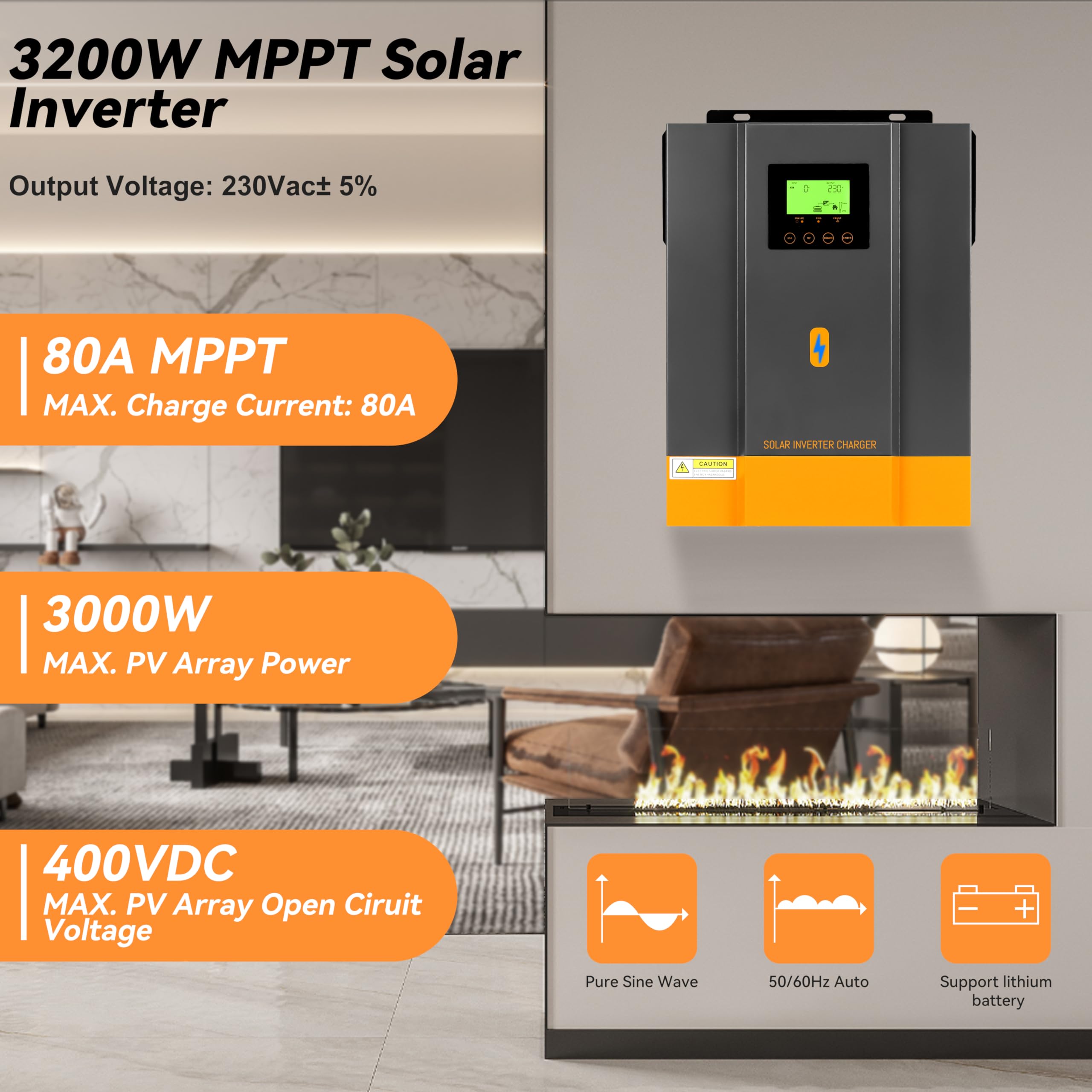 PowMr Solar hybrid Inverter 3200W 24VDC to 220-230VAC,Built in 80A MPPT Solar Charge Controller,Off-Grid Pure sine Wave Inverter,Work with 24V Lead Acid & Lithium Battery,Solar Power Utility Generator