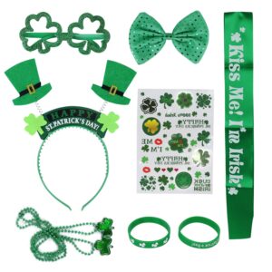 st. patrick's day 9pcs costume set, irish lucky green bow necklace glass tattoo sticker rubby wristbands, carnival hololiday accessory decorations