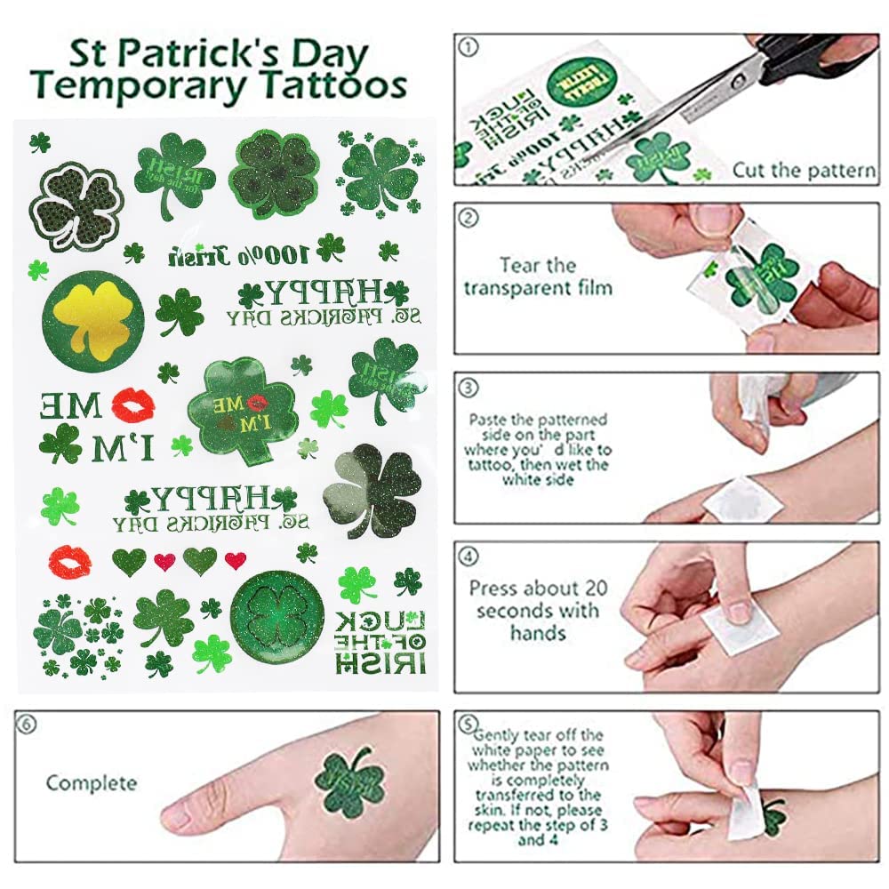 St. Patrick's Day 9pcs Costume Set, Irish Lucky Green Bow Necklace Glass Tattoo Sticker Rubby Wristbands, Carnival Hololiday Accessory Decorations