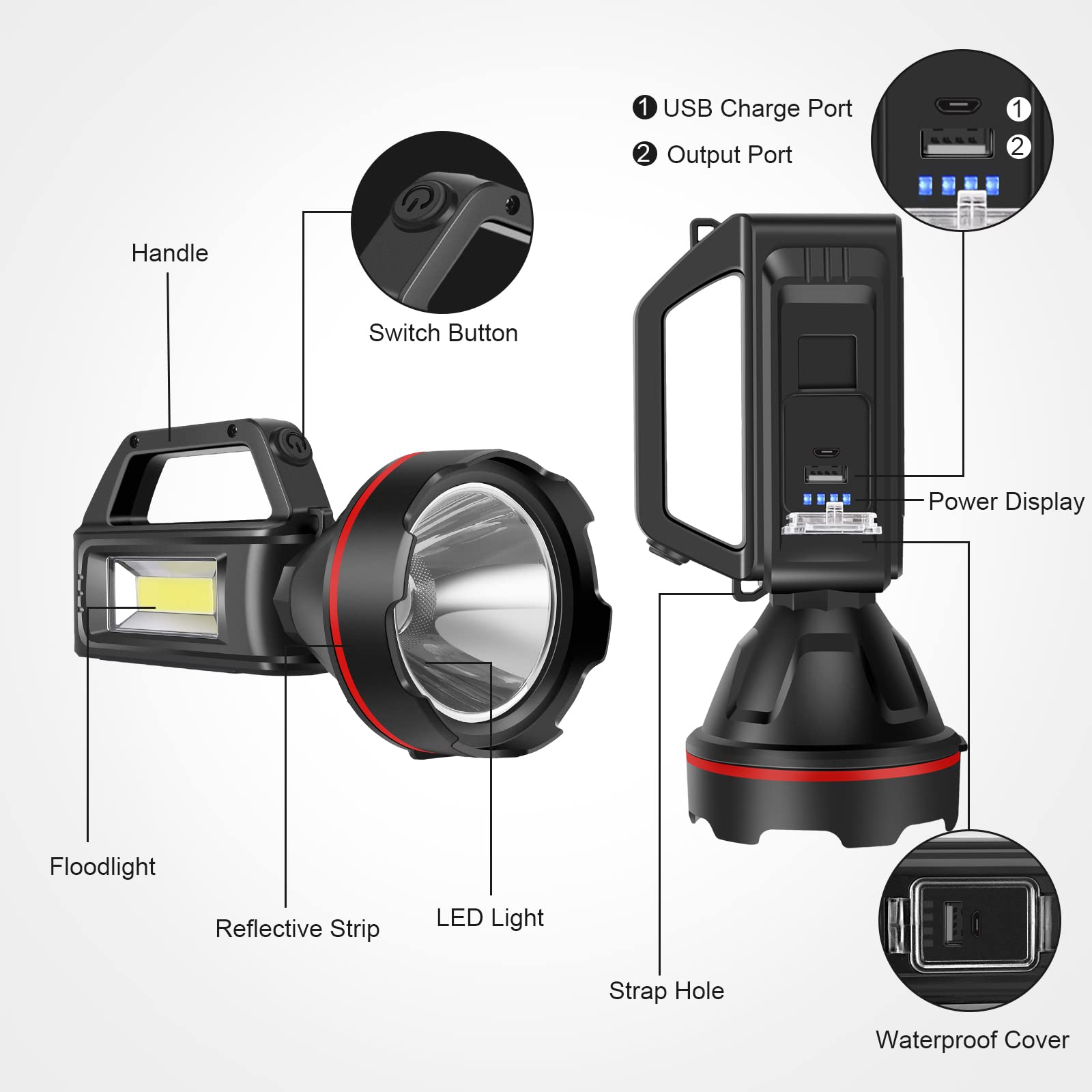 Rechargeable Spotlight Flashlight, High Lumens Handheld Spotlight,LED Searchlight with Shoulder Strap and USB Output for During Hurricane,Emergency, Storms, Outages,Hunting, Hiking, Camping(Black1)