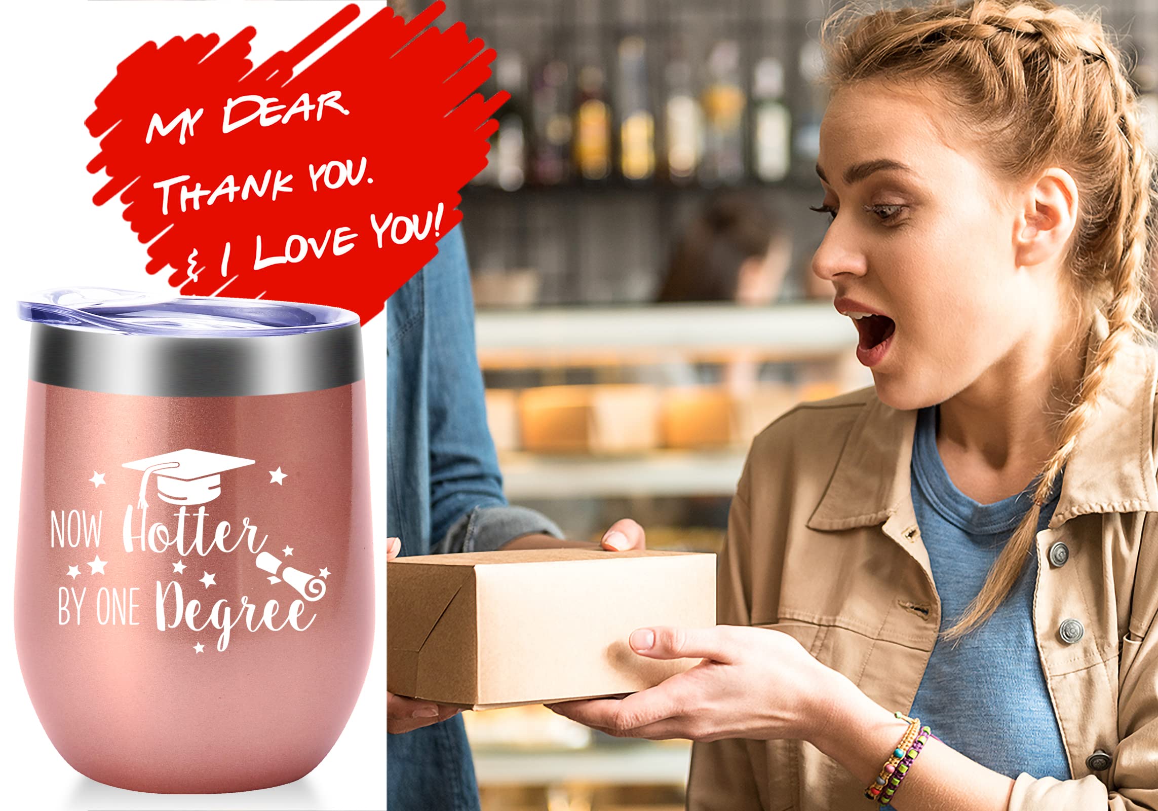 AMZUShome Now Hotter by One Degree Mug.Graduation Gifts.Grad Christmas Gifts for College High School Graduates College Grad Masters Degree Wine Tumbler(12oz Rose Gold)