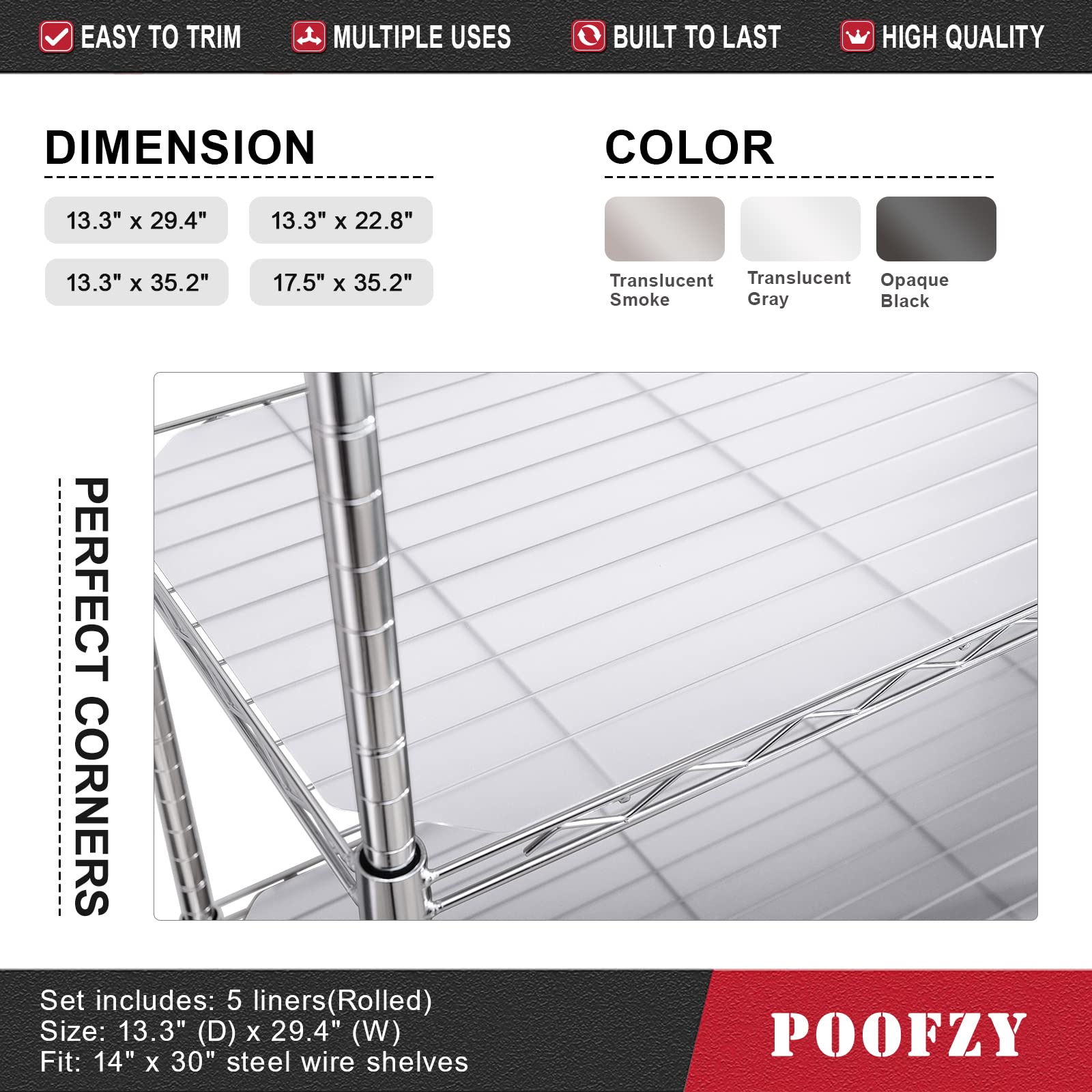 Poofzy Wire Shelf Liner 14 x 30, Set of 5 Shelf Liners for Wire Shelving Plastic Non-Adhesive for Pantry, Kitchen Cabinets (Clear)