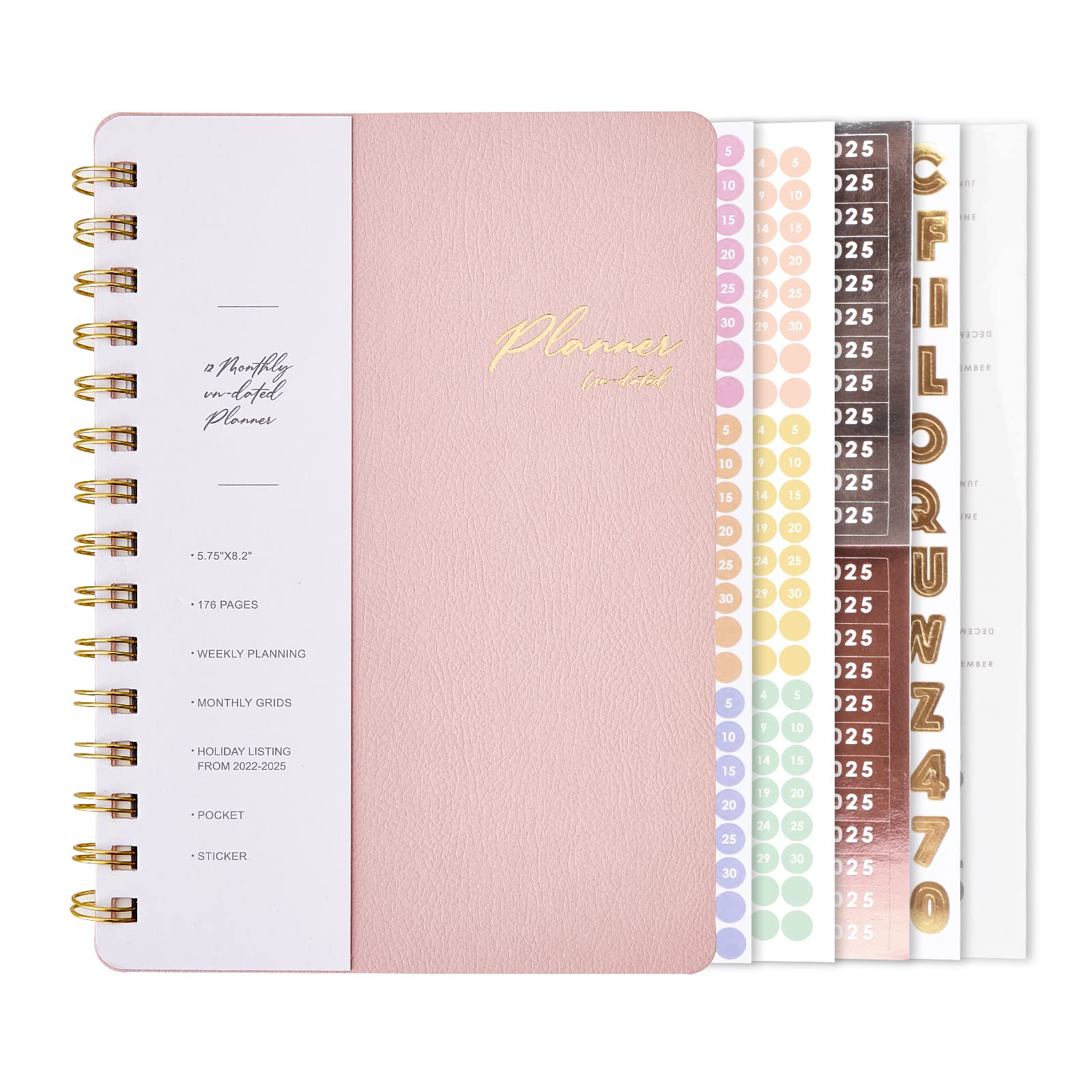 TSFPapier Undated Academic Weekly and Monthly Planner for 2022, 2023, 2024 and 2025, 6.1 x 8.2 inch, 12 Month Spiral Planner with Tabs, Thick Paper, Twin-Wire Binding, Inner Pocket, Stickers Pink