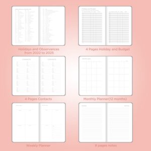 TSFPapier Undated Academic Weekly and Monthly Planner for 2022, 2023, 2024 and 2025, 6.1 x 8.2 inch, 12 Month Spiral Planner with Tabs, Thick Paper, Twin-Wire Binding, Inner Pocket, Stickers Pink