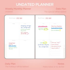 TSFPapier Undated Academic Weekly and Monthly Planner for 2022, 2023, 2024 and 2025, 6.1 x 8.2 inch, 12 Month Spiral Planner with Tabs, Thick Paper, Twin-Wire Binding, Inner Pocket, Stickers Pink