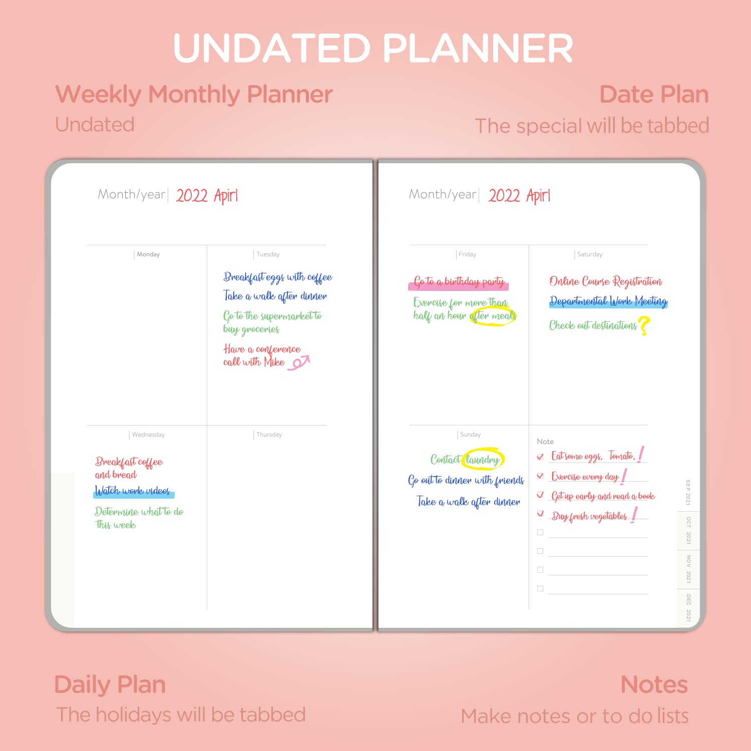 TSFPapier Undated Academic Weekly and Monthly Planner for 2022, 2023, 2024 and 2025, 6.1 x 8.2 inch, 12 Month Spiral Planner with Tabs, Thick Paper, Twin-Wire Binding, Inner Pocket, Stickers Pink