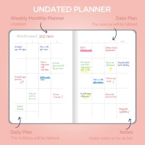 TSFPapier Undated Academic Weekly and Monthly Planner for 2022, 2023, 2024 and 2025, 6.1 x 8.2 inch, 12 Month Spiral Planner with Tabs, Thick Paper, Twin-Wire Binding, Inner Pocket, Stickers Pink