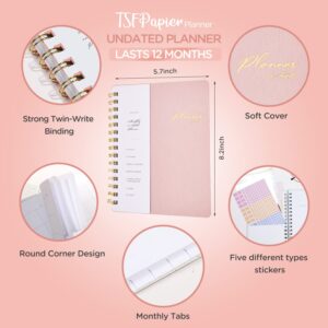 TSFPapier Undated Academic Weekly and Monthly Planner for 2022, 2023, 2024 and 2025, 6.1 x 8.2 inch, 12 Month Spiral Planner with Tabs, Thick Paper, Twin-Wire Binding, Inner Pocket, Stickers Pink