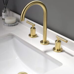 Brushed Gold Bathroom Faucet, Indare Two Handles 360° Swivel Spout Widespread 4Inch 8Inch Brass Bathroom Sink Faucet 3 Hole with Pop-Up Drain and Water Supply Lines, Upgraded Style